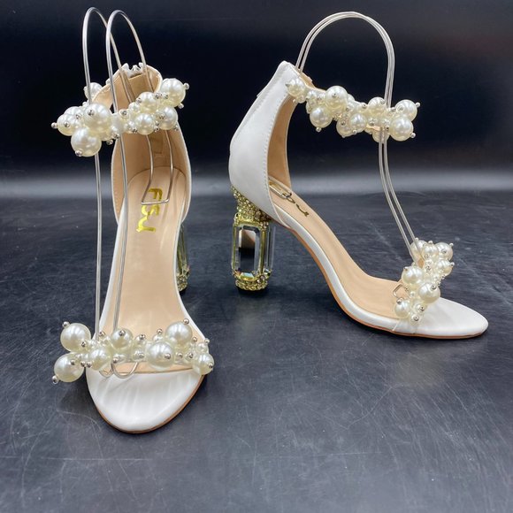 FSJ | Shoes | A Fsj White Pearls Peep Toe Crystal Chunky Mid Heels ...
